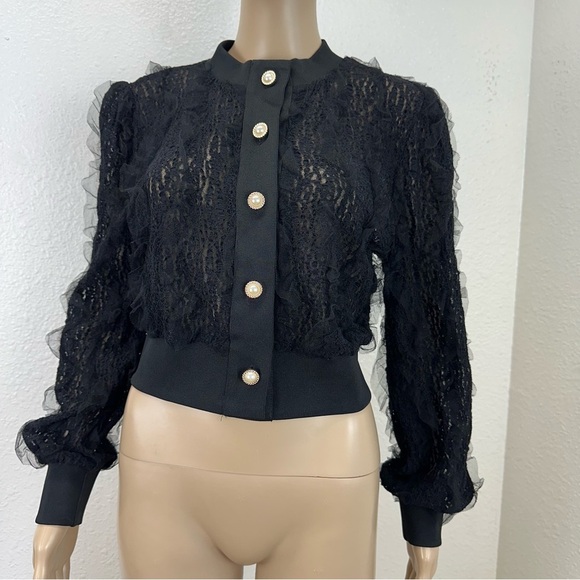chada brand | Tops | Chada Brand Black Lace Cropped Blazer Pearl Button ...